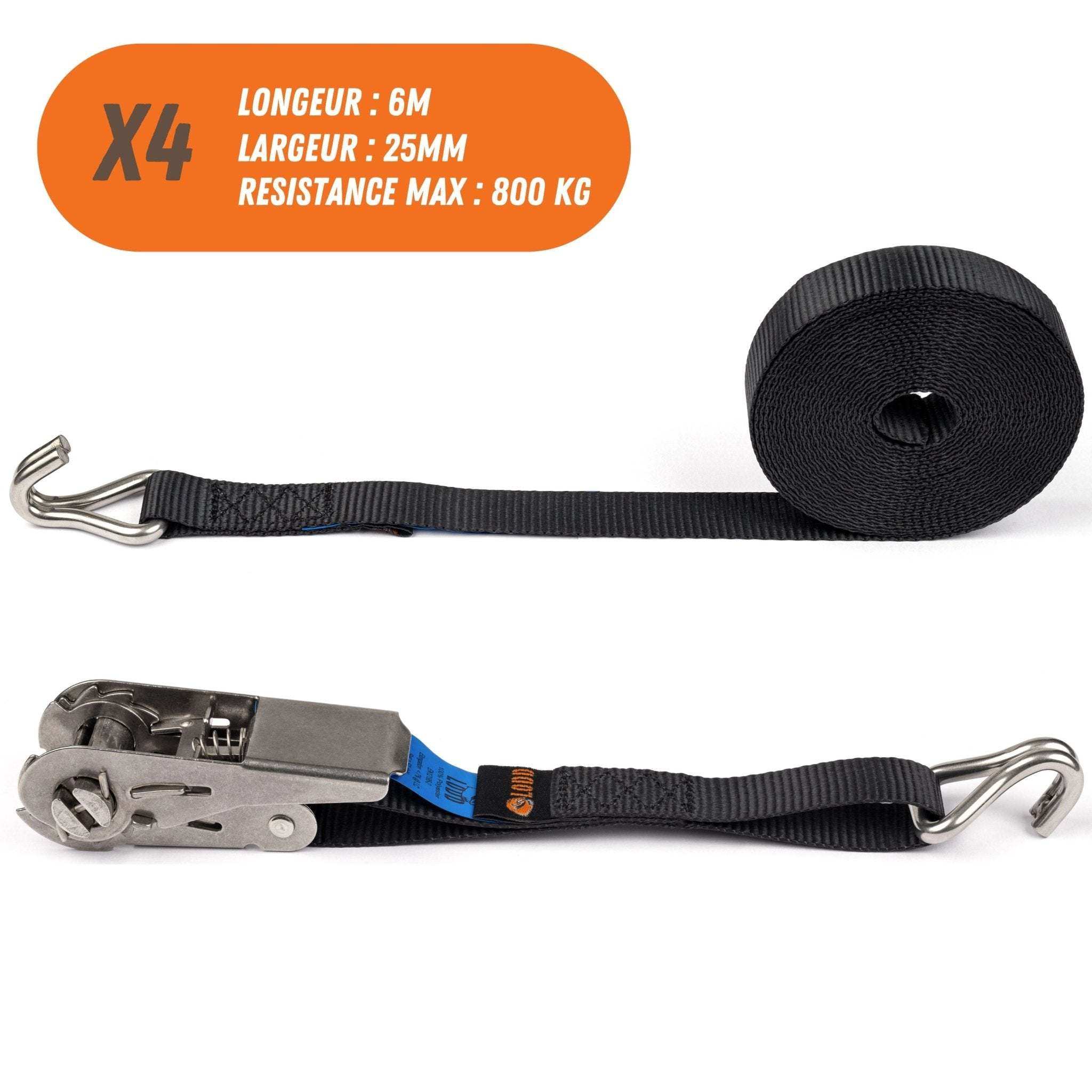 4 Sangles à cliquet INOX 6m x 25mm, Resistance 800kg. Crochets en doub ...